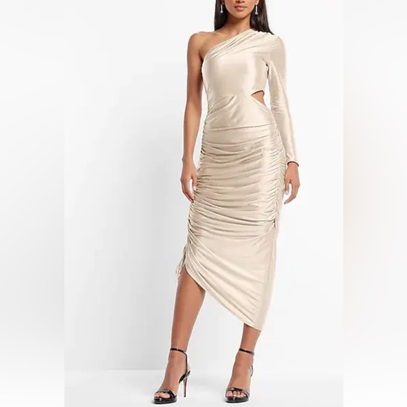 Express | Dresses | Satin One Shoulder Long Sleeveruched Cutout Midi ...